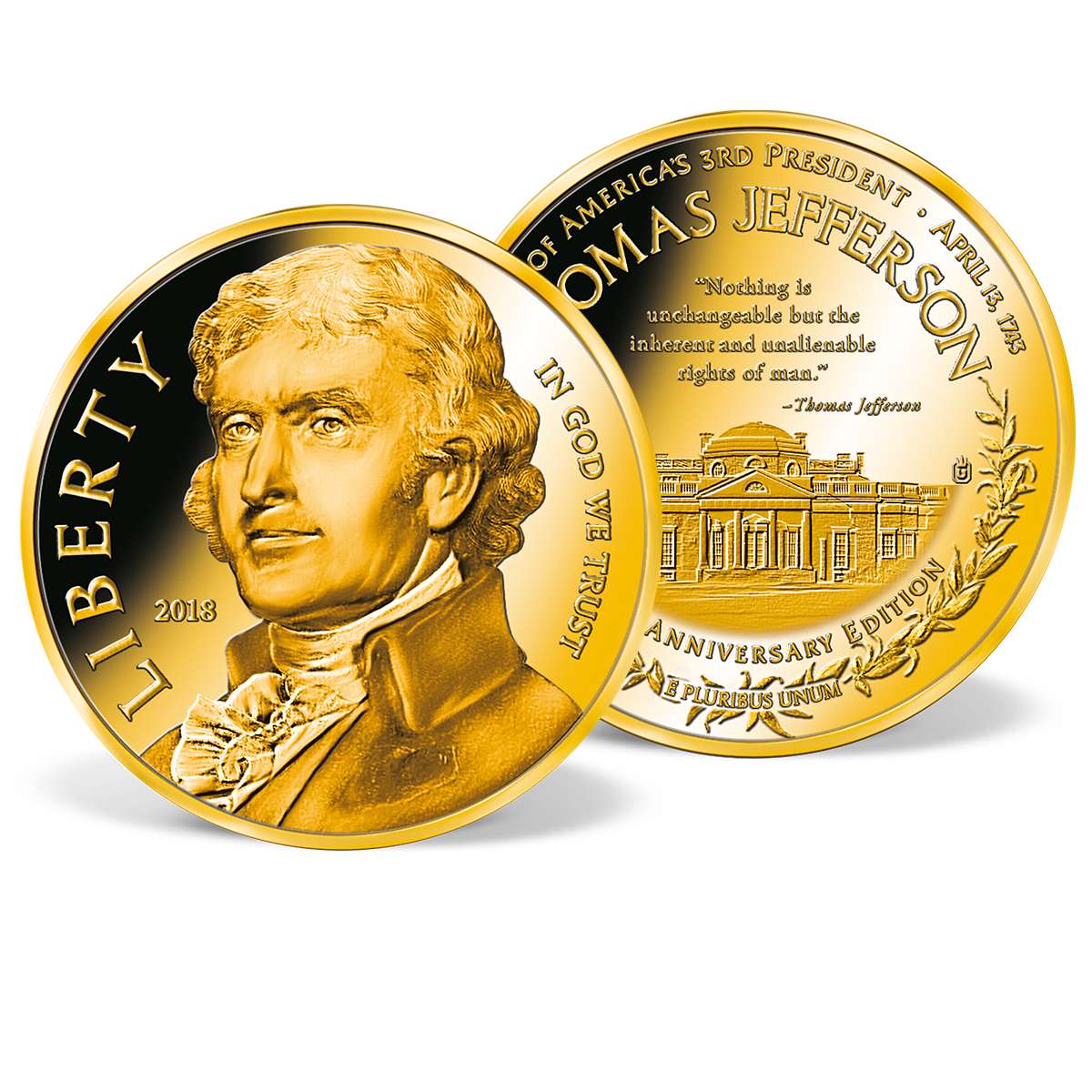 Thomas Jefferson 275th Anniversary Edition Commemorative Coin | Gold ...