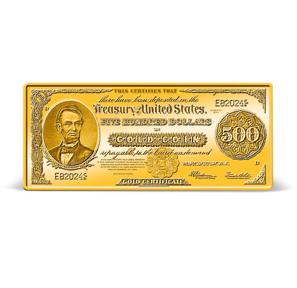 1922 $500 Gold Certificate Ingot | Gold-Layered | Gold | American Mint